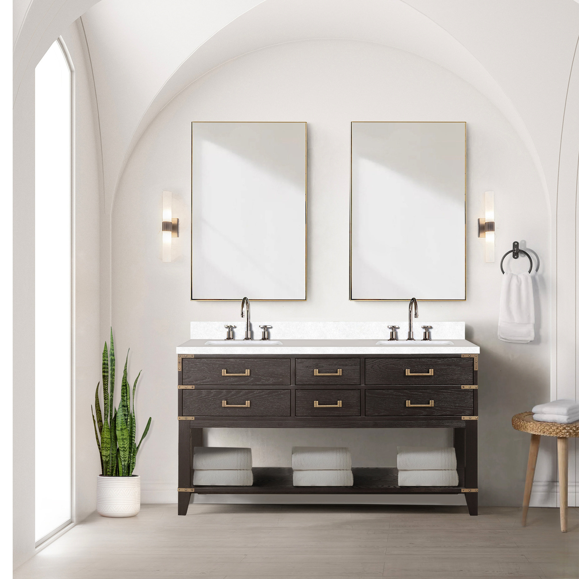 Red Barrel Studio® Brown Oak Double Bath Console 60 In. W X 22 D - Cultured Marble Top & Faucet ...